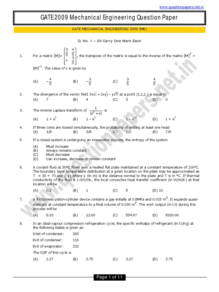 Gate Question Papers Download Mechanical Engineering 2009 | PDF ...