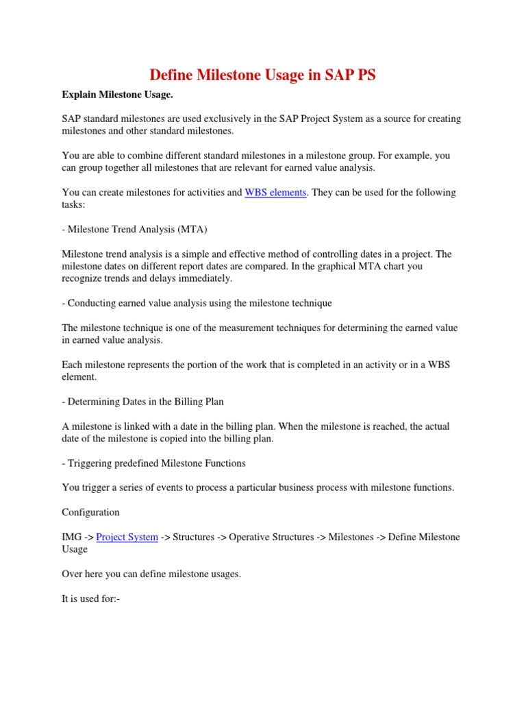 Define Milestone Usage in SAP PS | PDF