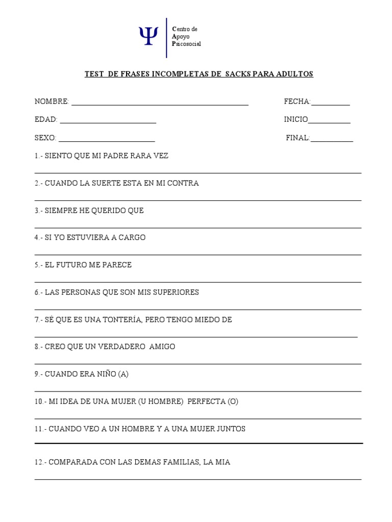Test Sacks para Adultos | PDF | Relaciones personales, crianza y ...
