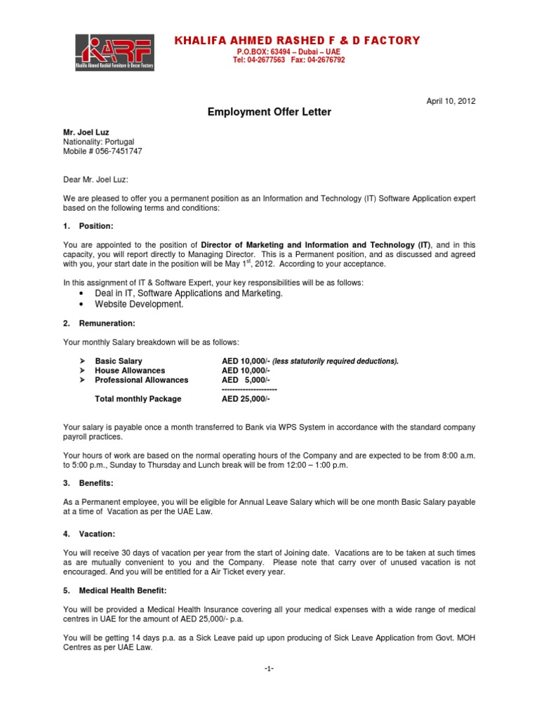 KARF Offer Letter | Download Free PDF | Sick Leave | Salary