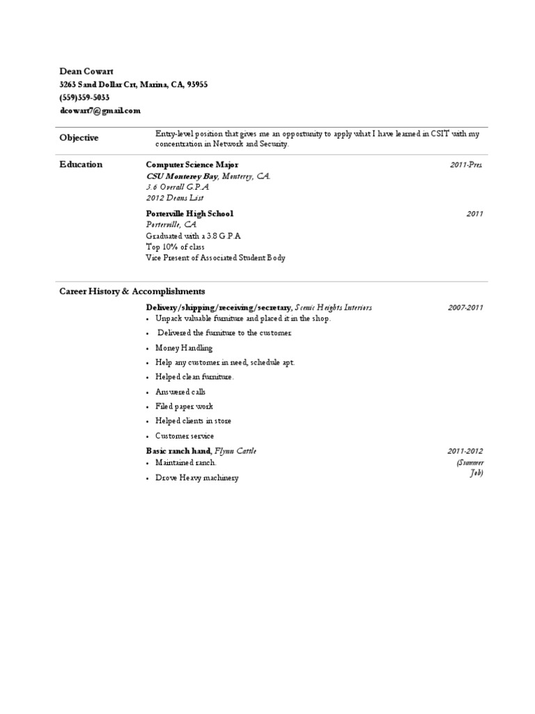 Dean Cowart: Entry-Level CSIT Resume | PDF