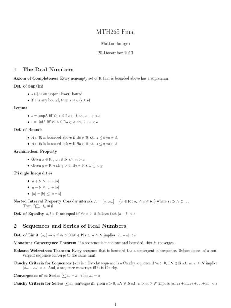 Real Analysis Cheat Sheet | Continuous Function | Mathematical Structures