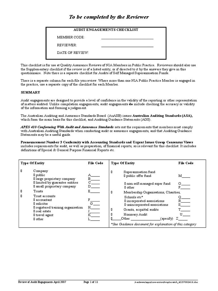 To Be Completed by The Reviewer: Audit Engagements Checklist | PDF ...