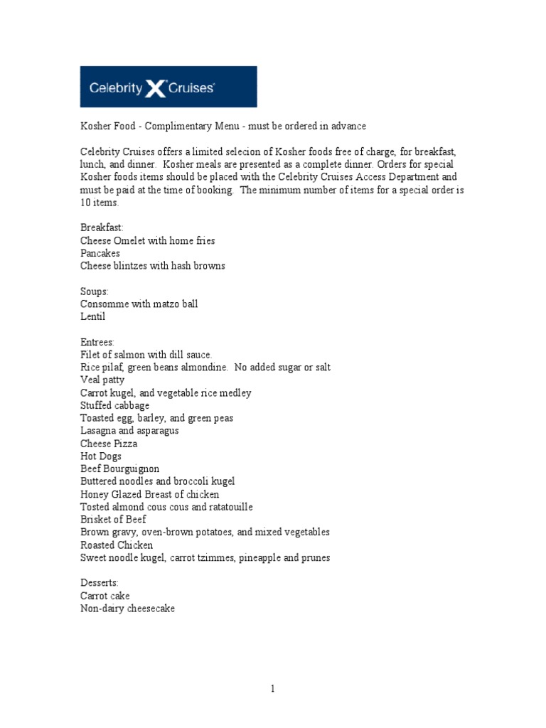 Celebrity Kosher Food Menu | PDF | Cuisine | Eating Behaviors Of Humans