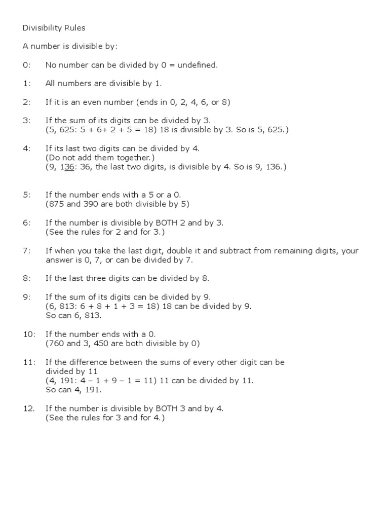 Divisibility Rules 1 - 12 Plus Worksheet | PDF | Arithmetic | Teaching ...