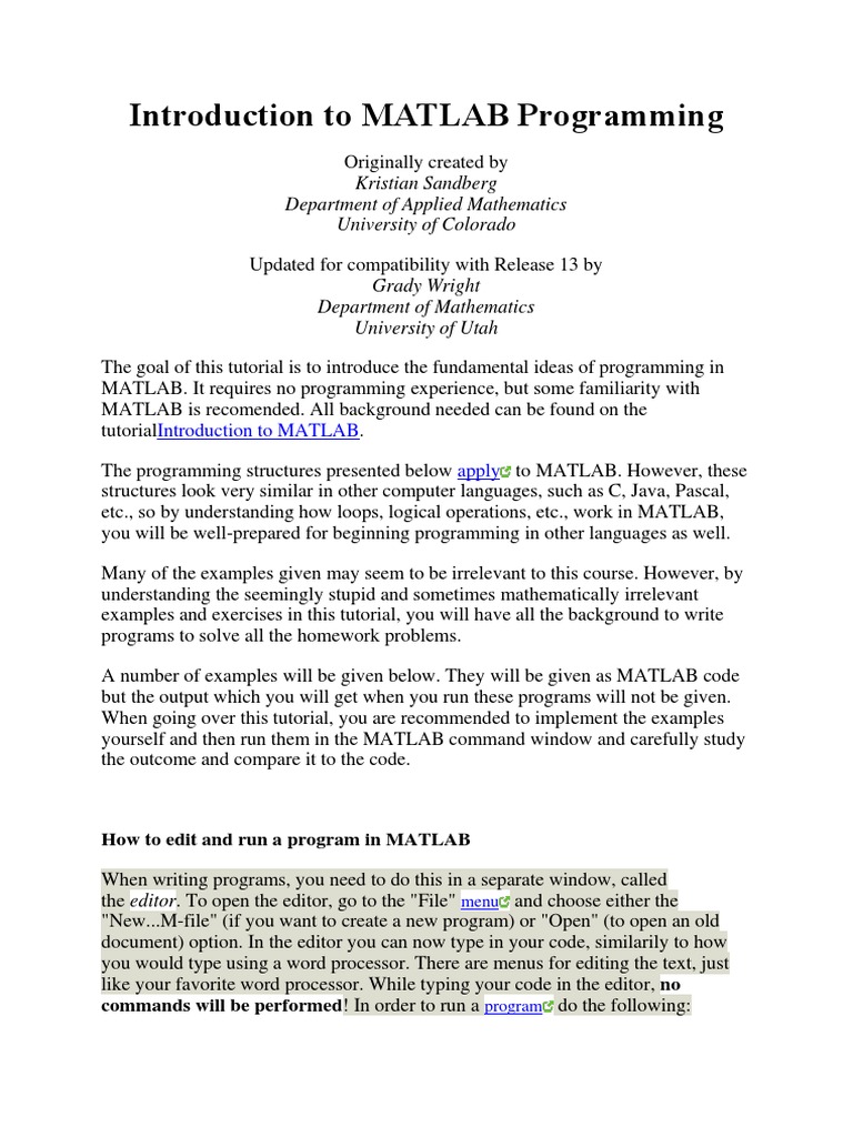 Introduction To MATLAB Programming | PDF | Summation | Matlab