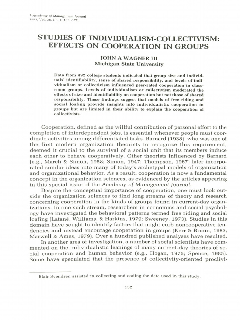 Studies of Individualism-Collectivism: Effects On Cooperation in Groups ...