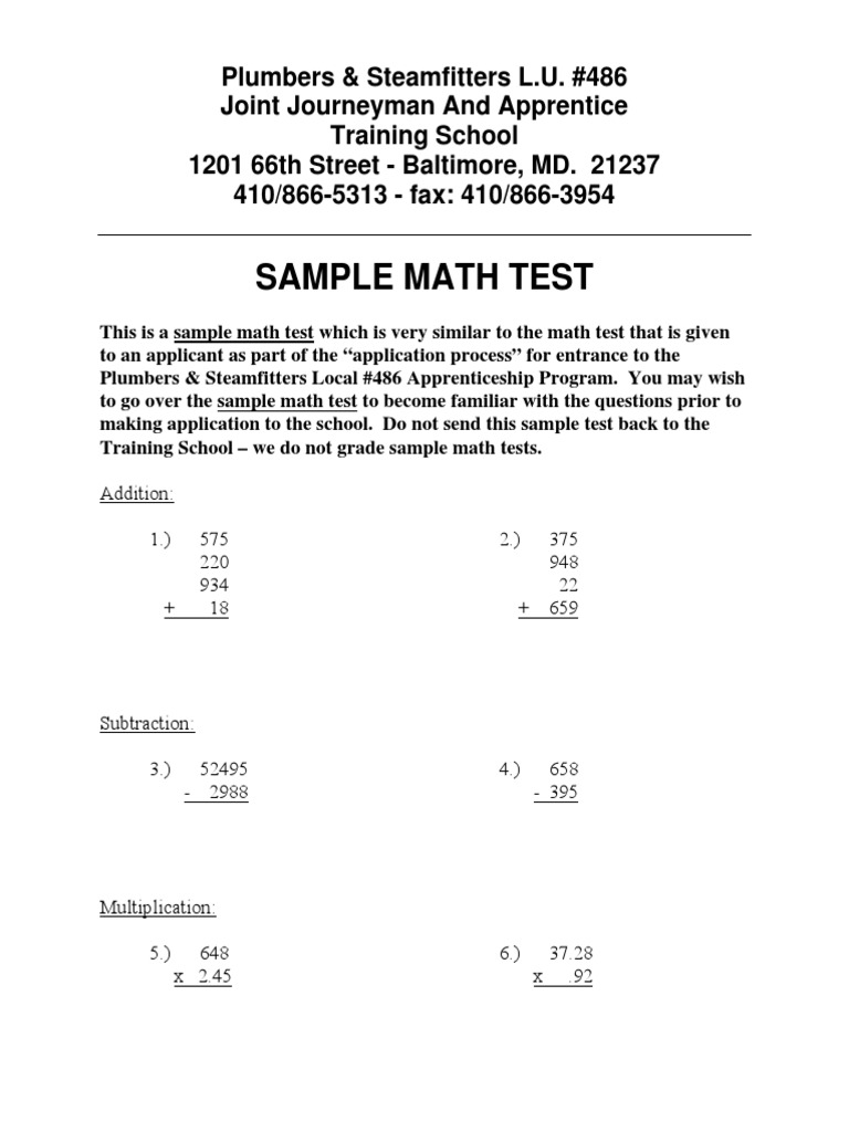 Sample Math Test | PDF | Fraction (Mathematics) | Teaching Mathematics