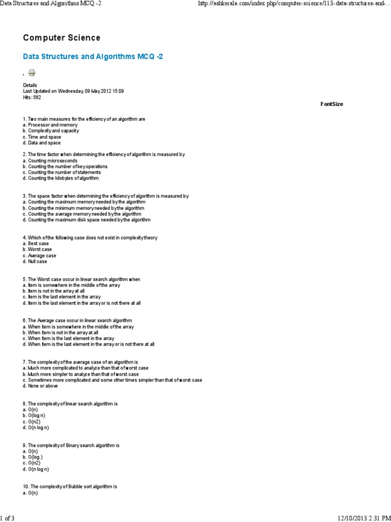 Data Structures and Algorithms MCQ - 2 | PDF | Array Data Structure | Time Complexity