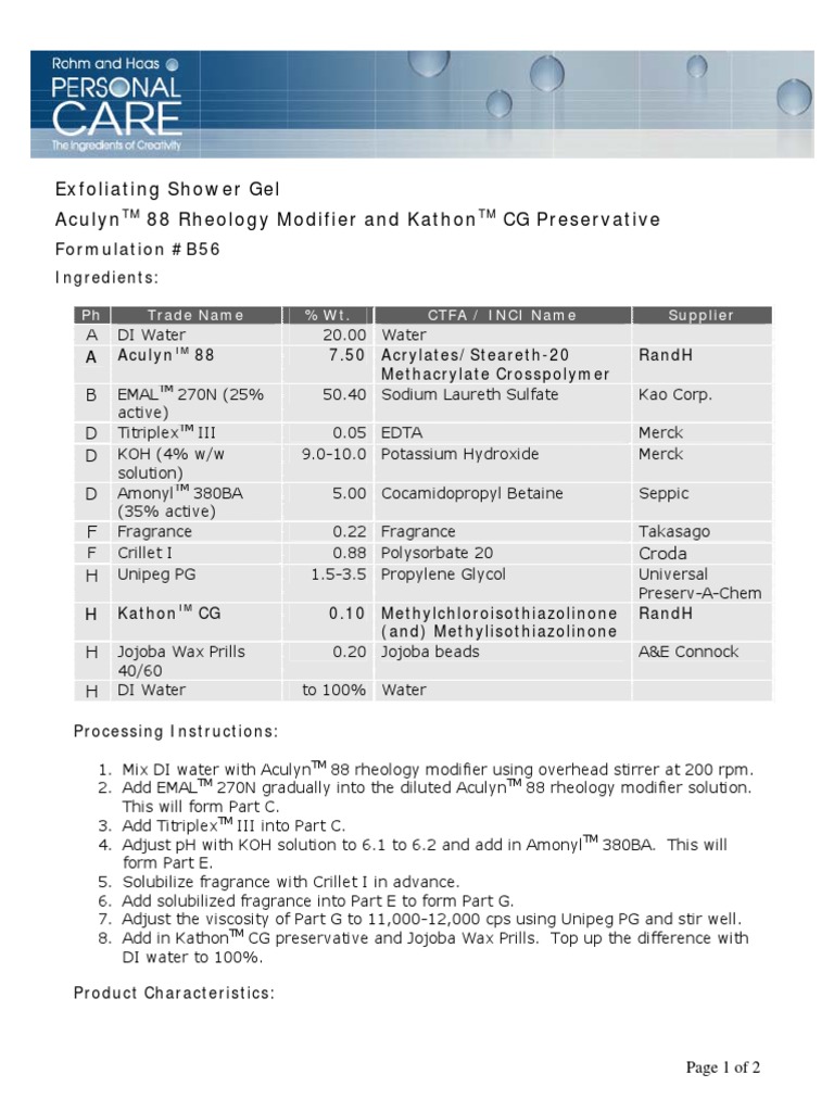 Exfoliating Shower Gel Aculyn 88 Rheology Modifier and Kathon CG ...