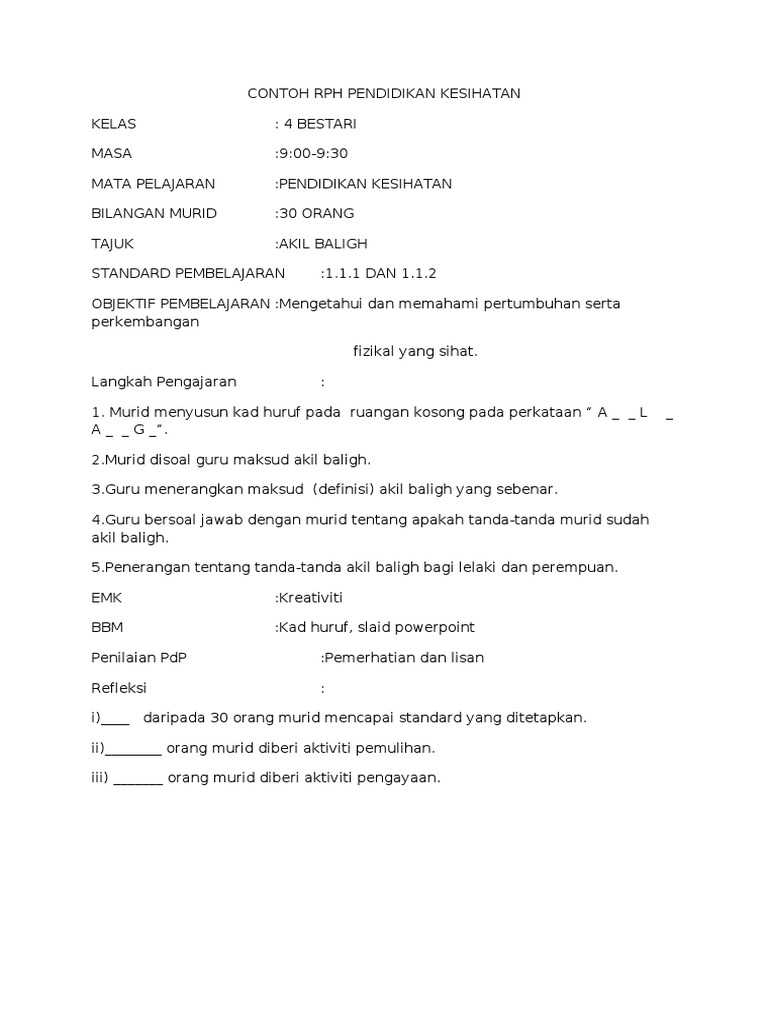 Contoh RPH Pendidikan Kesihatan 1.1-1.2 | PDF