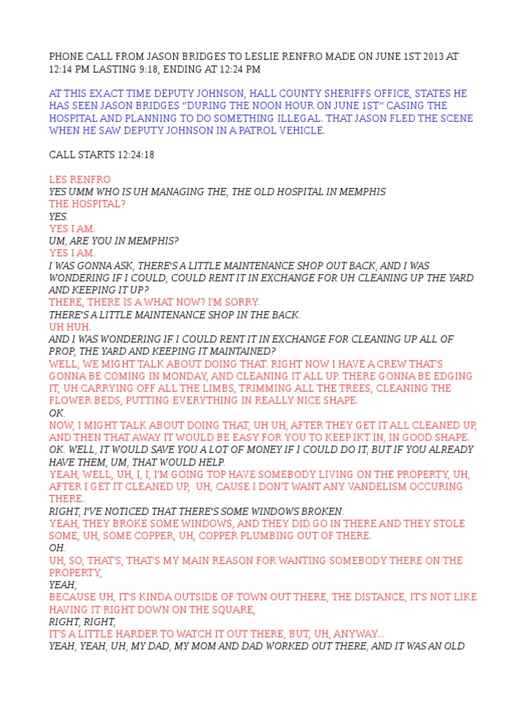 Transcript of Call Made On June 1st at 12:14 PM From Me To Les Renfro ...