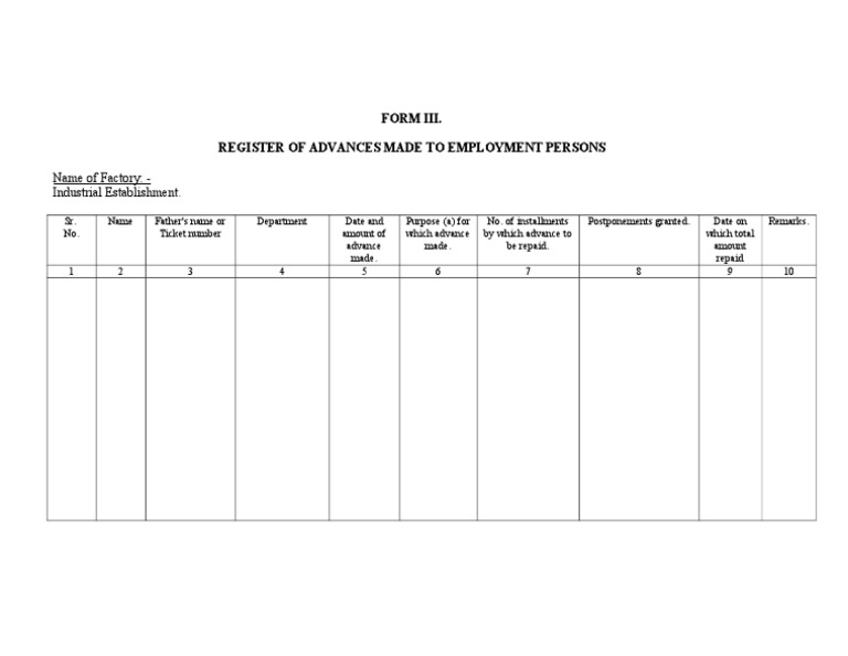 Form Iii. Register of Advances Made To Employment Persons: Name of ...