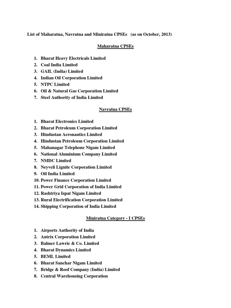 List of Maharatna, Navratna and Miniratna | PDF | Sustainability ...