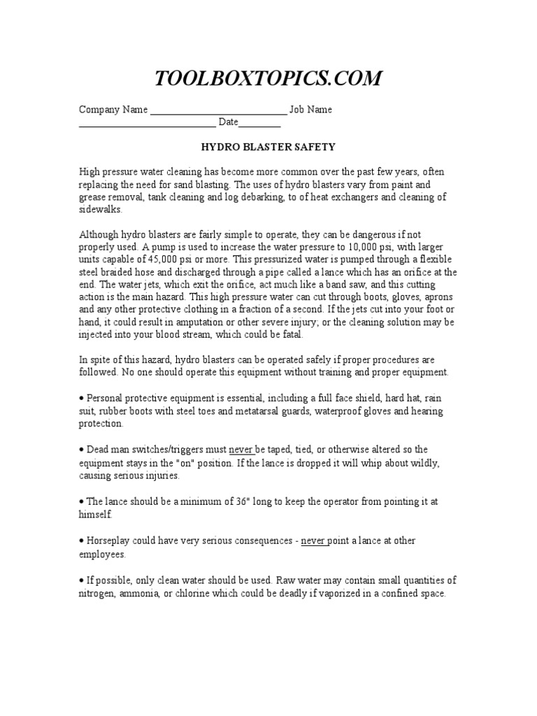 Water Jetting Safety Tool Box Talk | PDF | Clothing | Nature