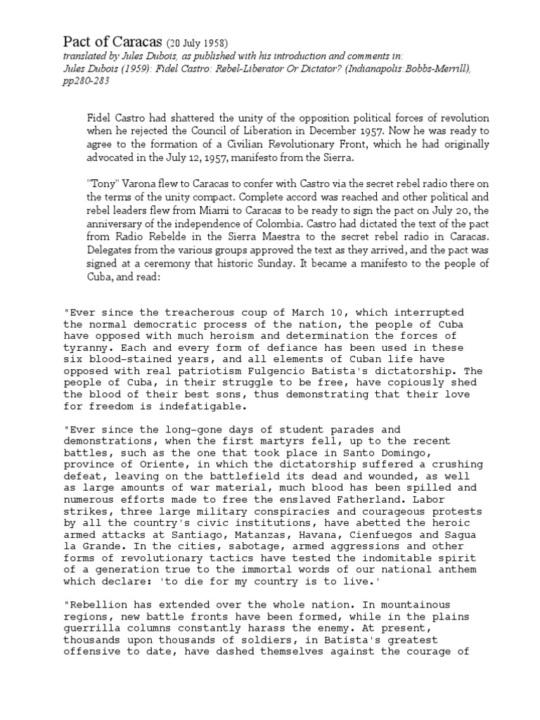 Pact of Caracas 1958 (English Translation) | PDF | Cuba | Fidel Castro