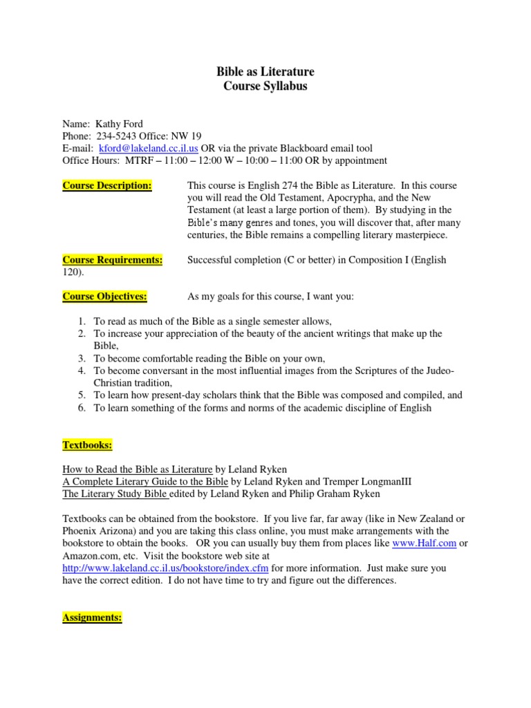 Bible As Literature Course Syllabus: Kford@lakeland - Cc.il - Us | PDF ...