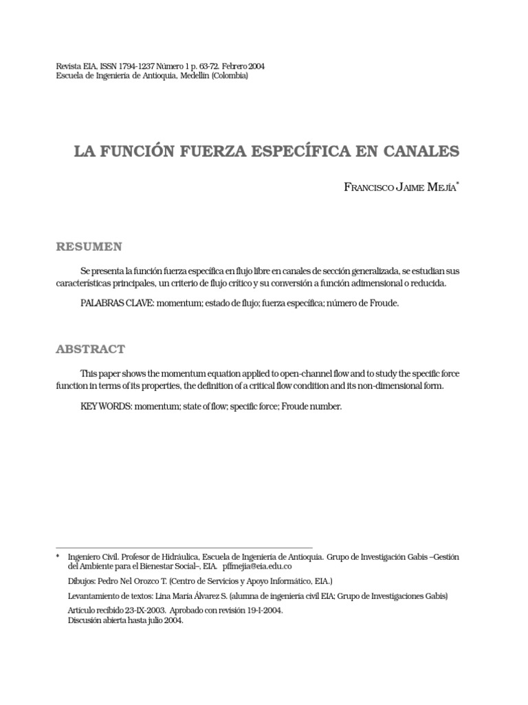 La Función Fuerza Específica en Canales - Mejía | PDF