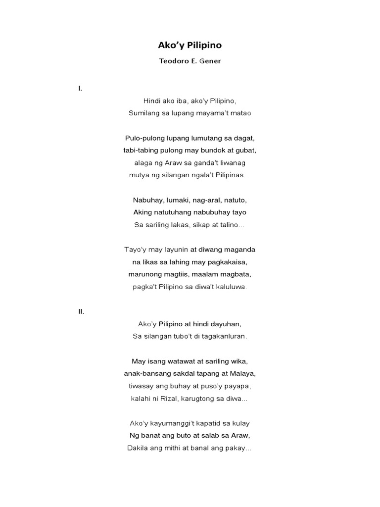 Ako Ay Pilipino Ni Teodero E. Gener | PDF