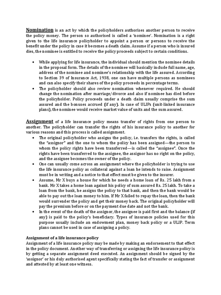 Understanding Nomination and Assignment of Life Insurance Policies ...