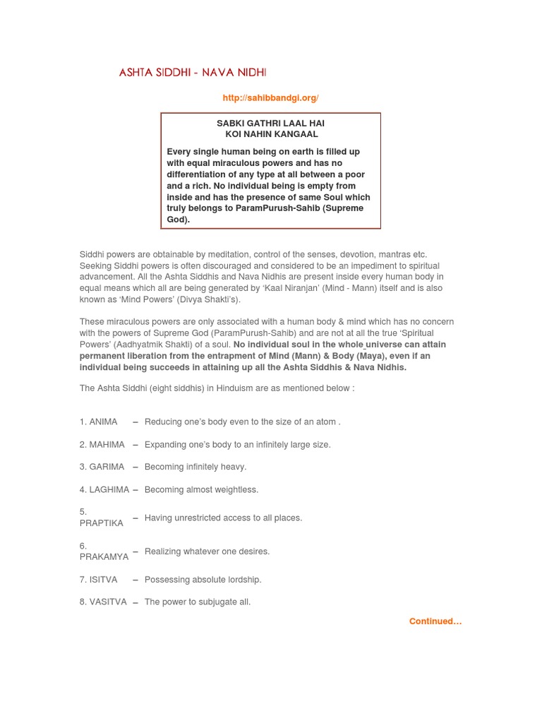 Ashta Siddhi Nava Nidhi | PDF | Indian Religions | Soul