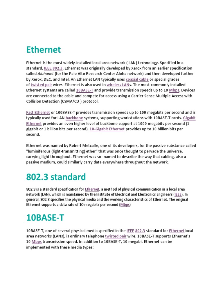 Ethernet: Ieee 802.3 Coaxial Cable Twisted Pair Wireless LAN 10BASE-T ...