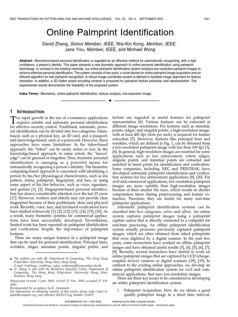 Online Palmprint Identification | PDF | Fingerprint | Biometrics