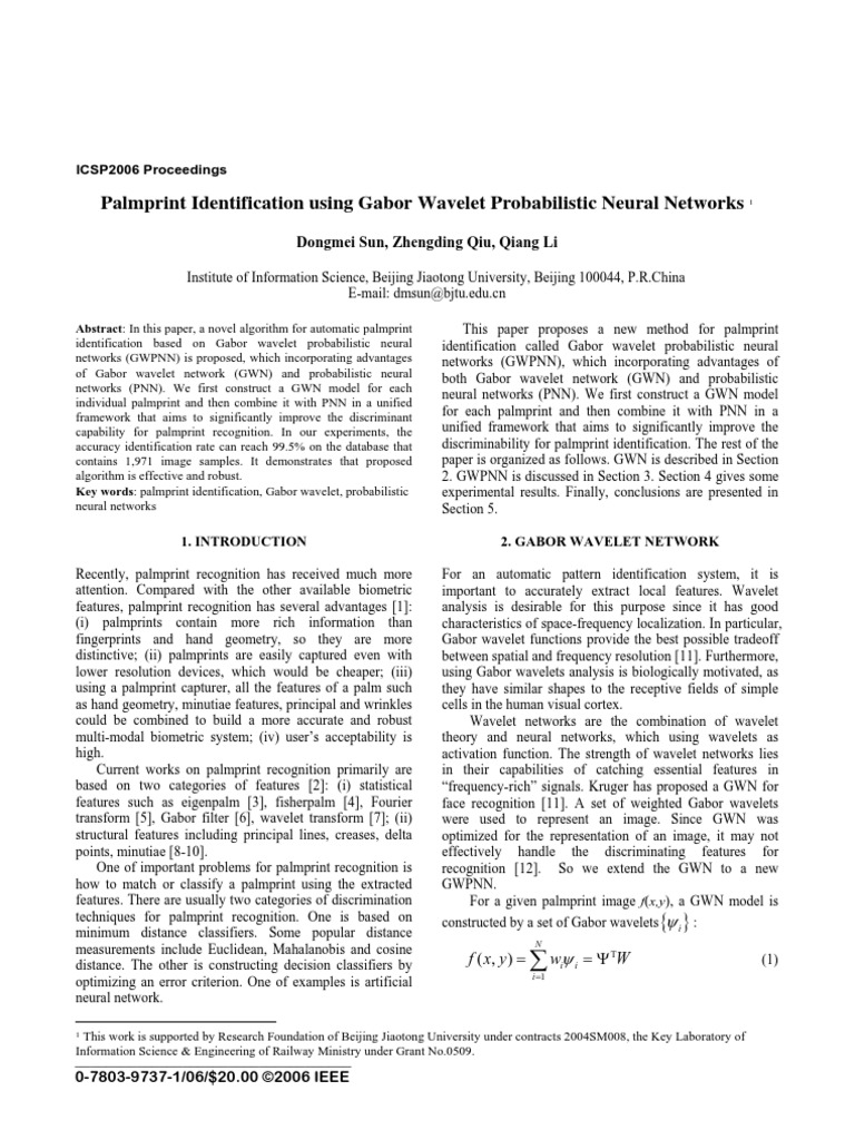 Palmprint Identification Using Gabor Wavelet Probabilistic Neural Networks | PDF | Wavelet ...