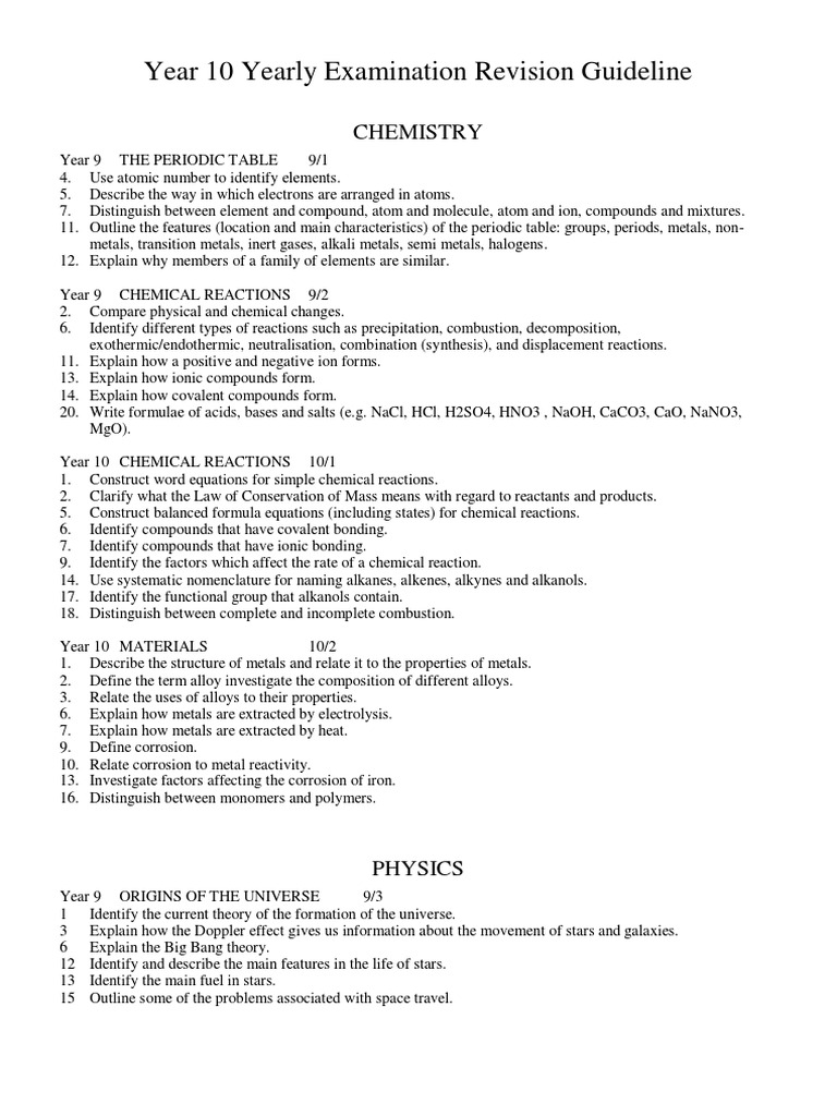 Yr 10 Yearly Examination Revision Guideline | PDF | Chemical Compounds ...