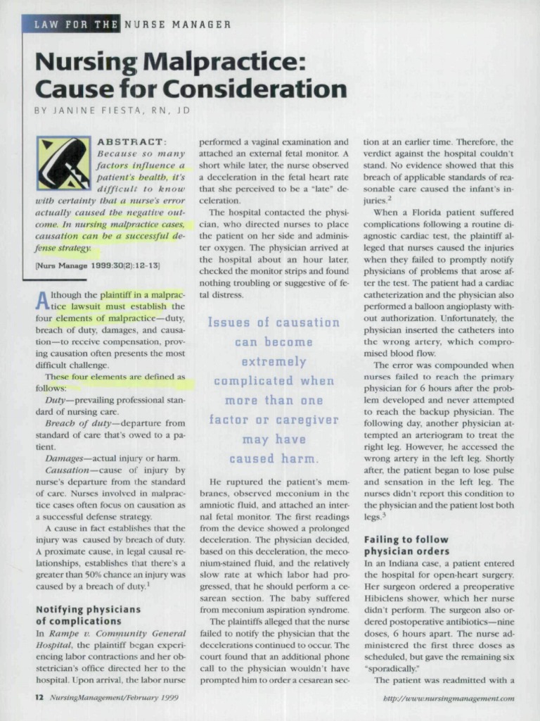 Nursing Malpractice: Cause For Consideration | PDF | Causation (Law ...