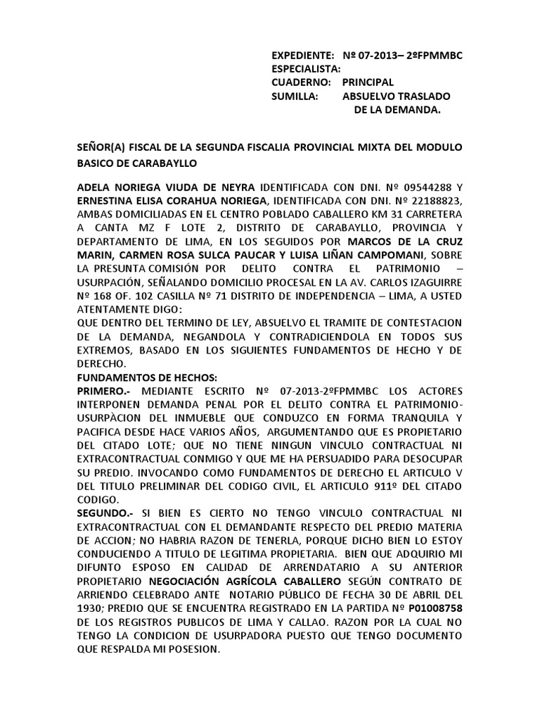 Contestacion de Demanda Por Desalojo | PDF