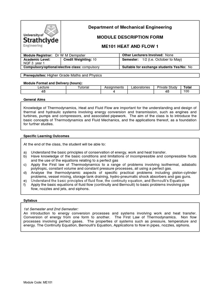 ME10 - Heat and Flow 1 - Module Desc | PDF | Heat | Fluid Dynamics