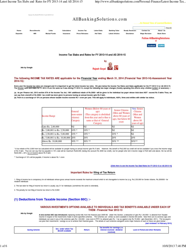 Latest Income Tax Slabs and Rates For FY 2013-14 and AS 2014-15 | PDF ...