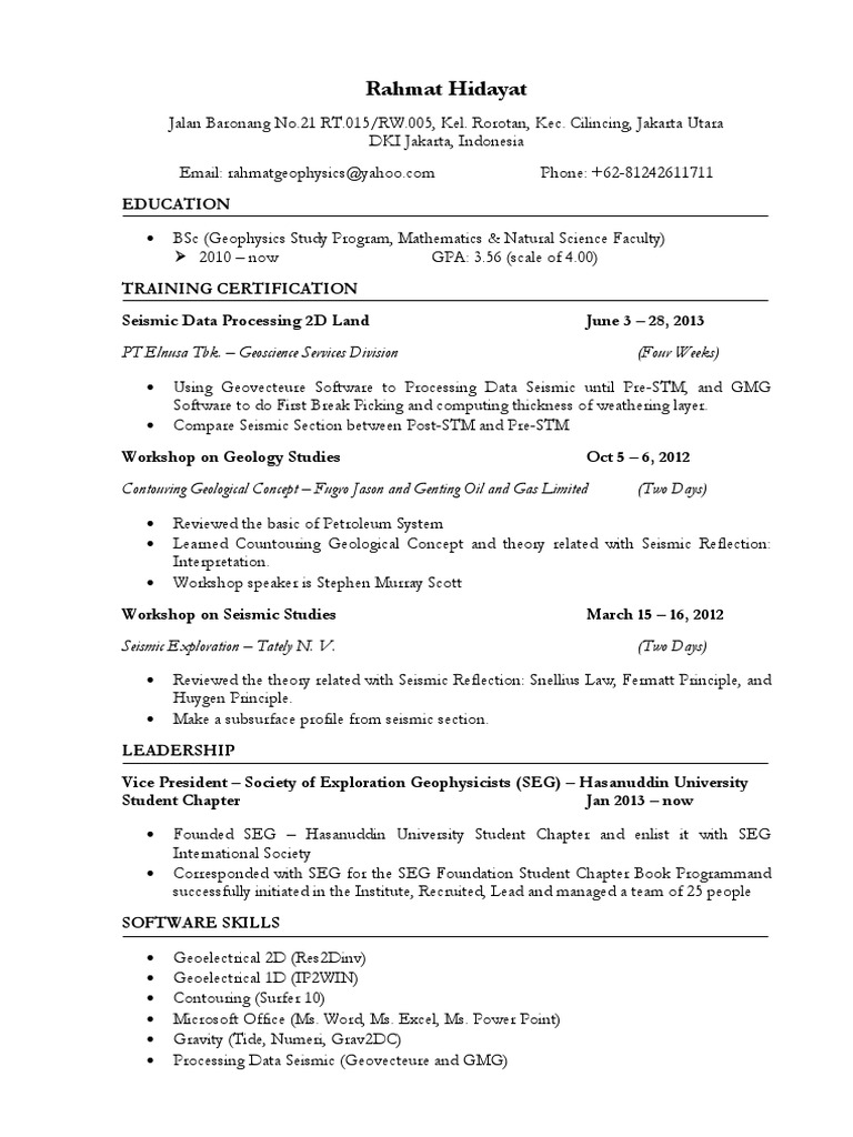 CV of Rahmat Hidayat | PDF | Reflection Seismology | Seismology