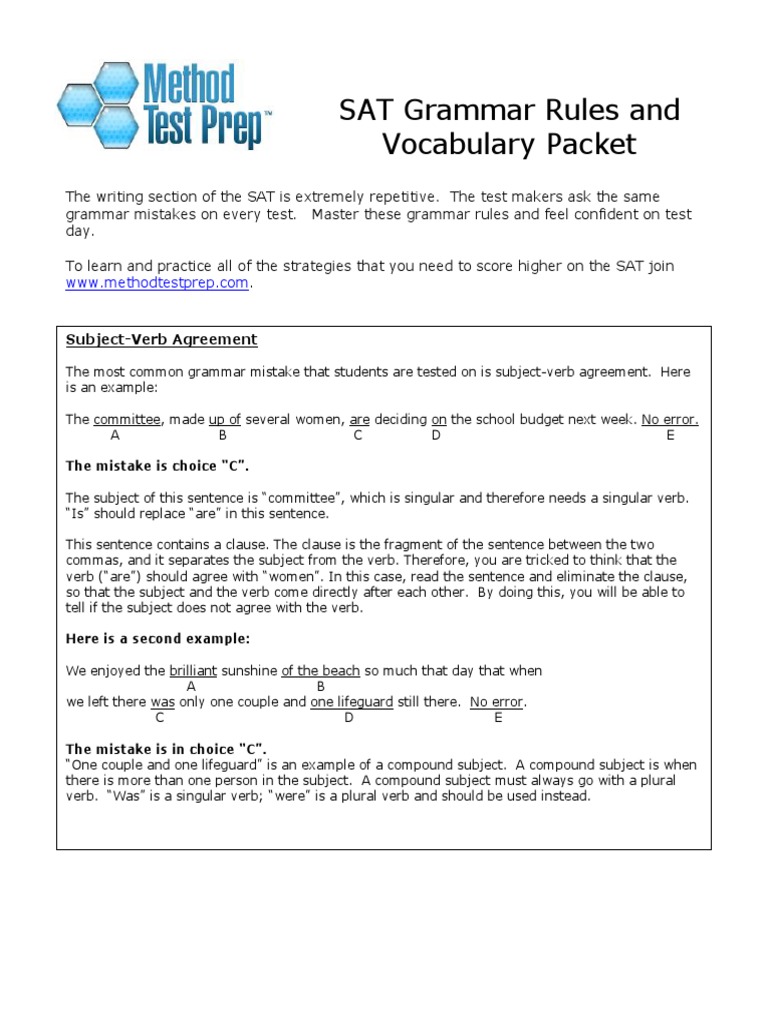 MTP SAT Grammar Rules and Vocab Packet PDF | PDF | Adverb | Sat