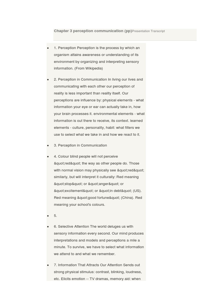 Chapter 3 Perception Communication | PDF | Schema (Psychology) | Perception