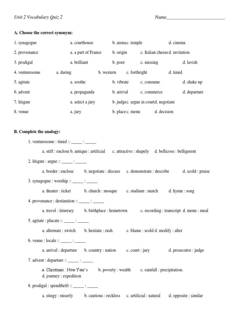 Unit 2 Vocabulary Quiz Overview | PDF