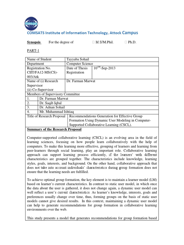 Thesis Synopsis Proforma | PDF | Learning Styles | Learning