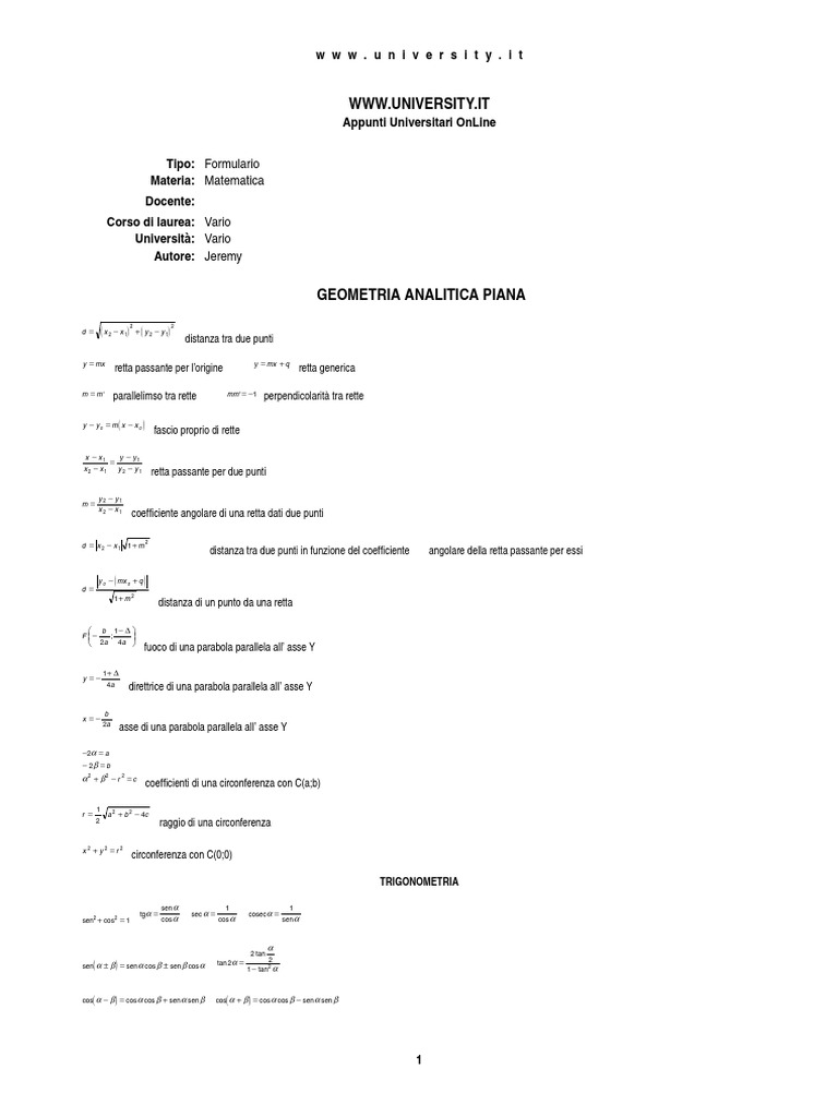 Formulario - Matematica - Geometria Analitica Piana (ITA) | PDF