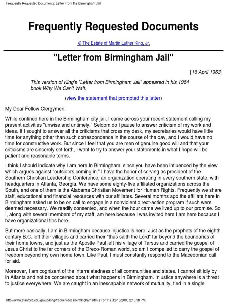 MLK Letter From Birmingham Jail | PDF | Extremism | Religion And Belief