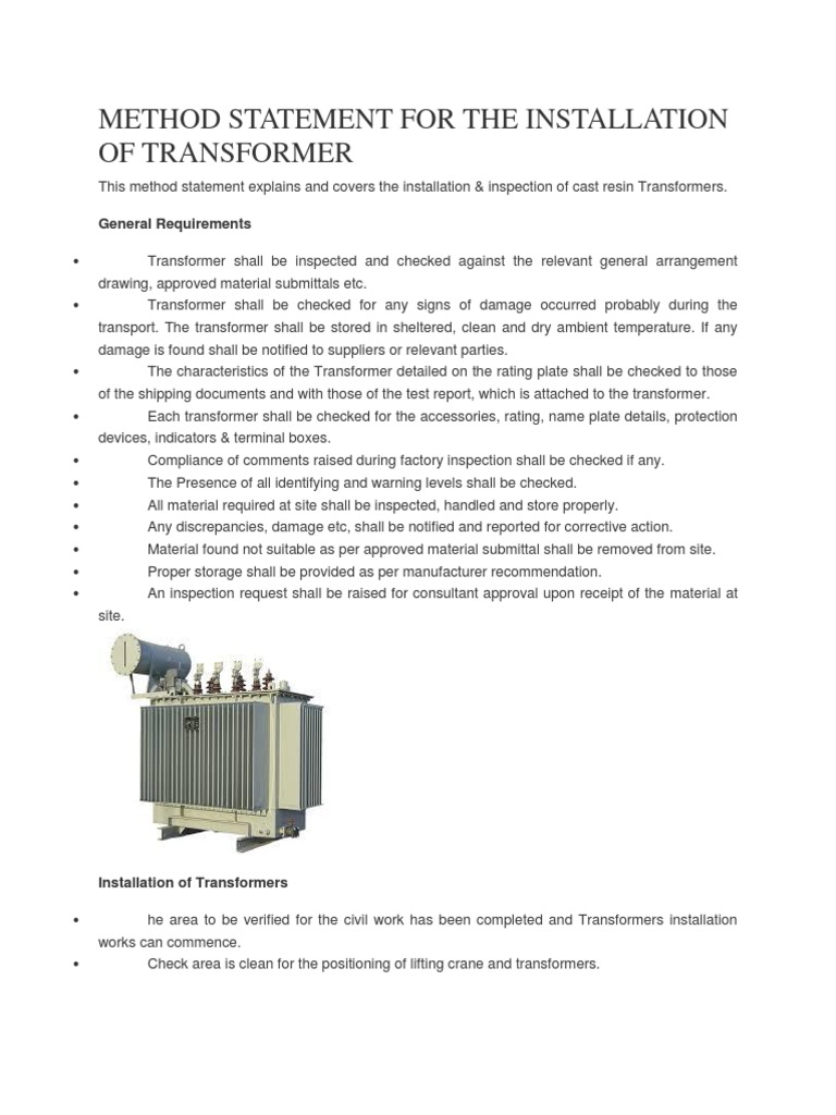 Method Statement For The Installation of Transformer | PDF ...
