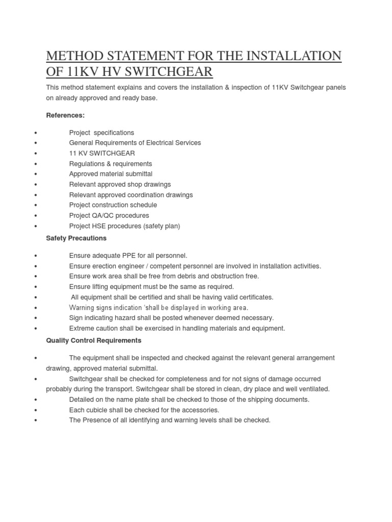 Method Statement For The Installation of 11kv HV Switchgear | PDF ...
