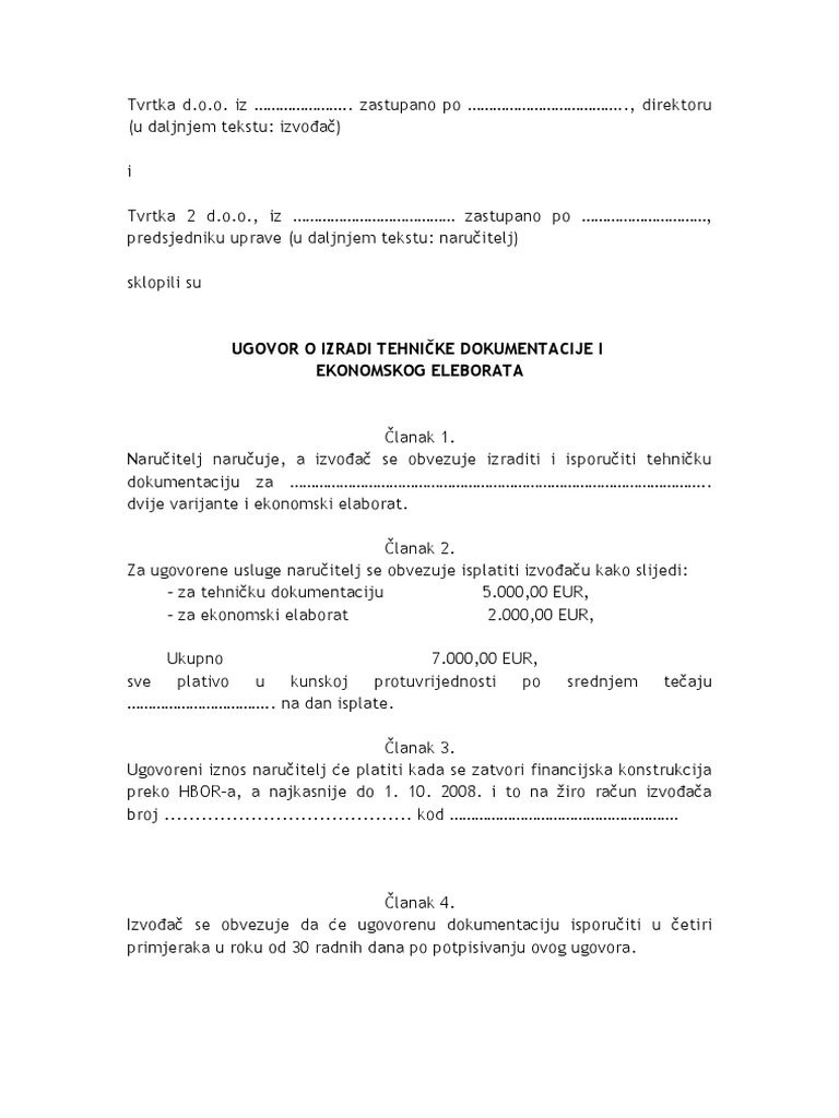 Ugovor o Izradi Tehničke Dokumentacije I Ekonomskog Elaborata | PDF