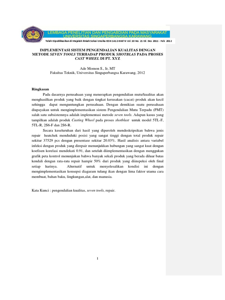 Implementasi Sistem Pengendalian Kualitas Dengan Metode Seven Tools PDF | PDF