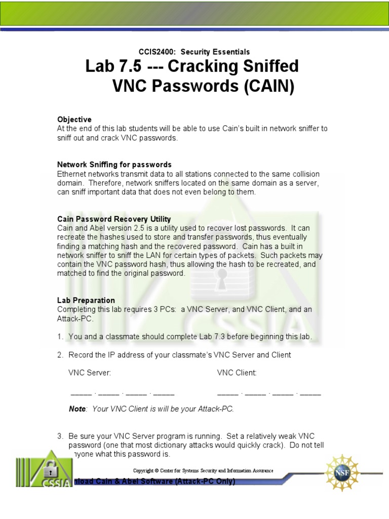 Lab 7.5 - Cracking Sniffed VNC Passwords (CAIN) : CCIS2400: Security Essentials | PDF | Password ...