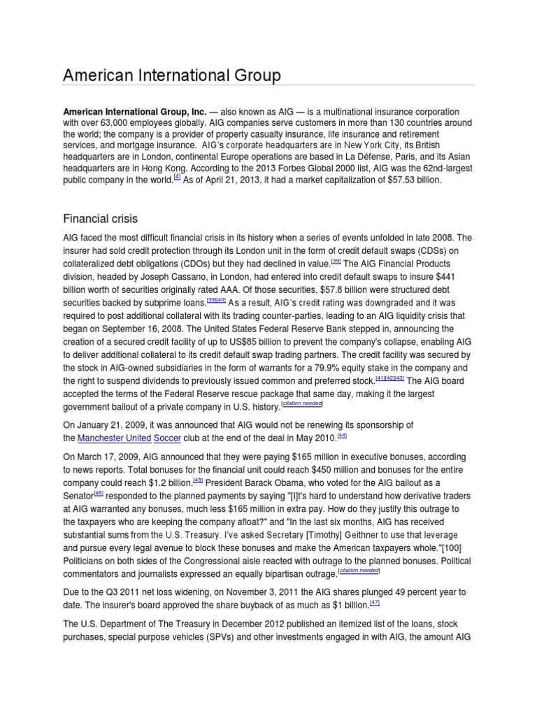 AIG - Background History | PDF | American International Group | Credit