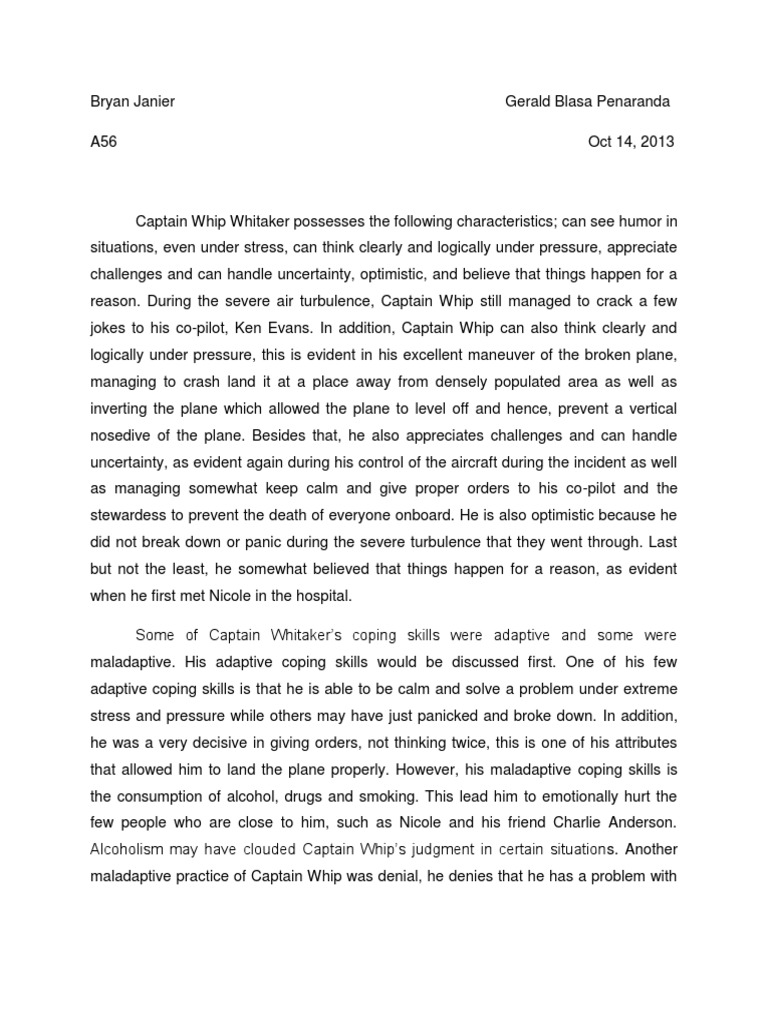 Captain Whip Whitaker: An Analysis of His Adaptive and Maladaptive ...