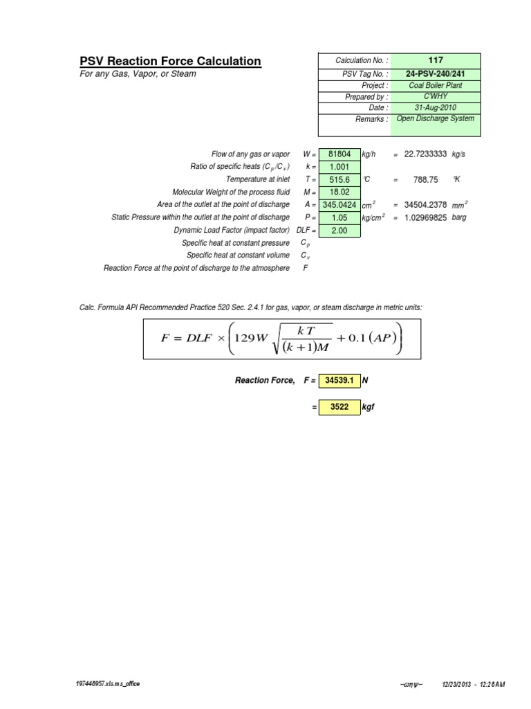 PSV Reaction Force Calculation XLS | PDF