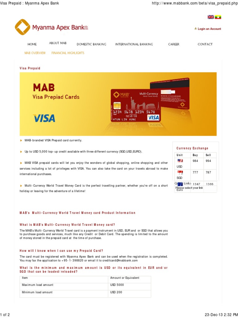 Visa Prepaid - Myanma Apex Bank | PDF | Stored Value Card | Debit Card