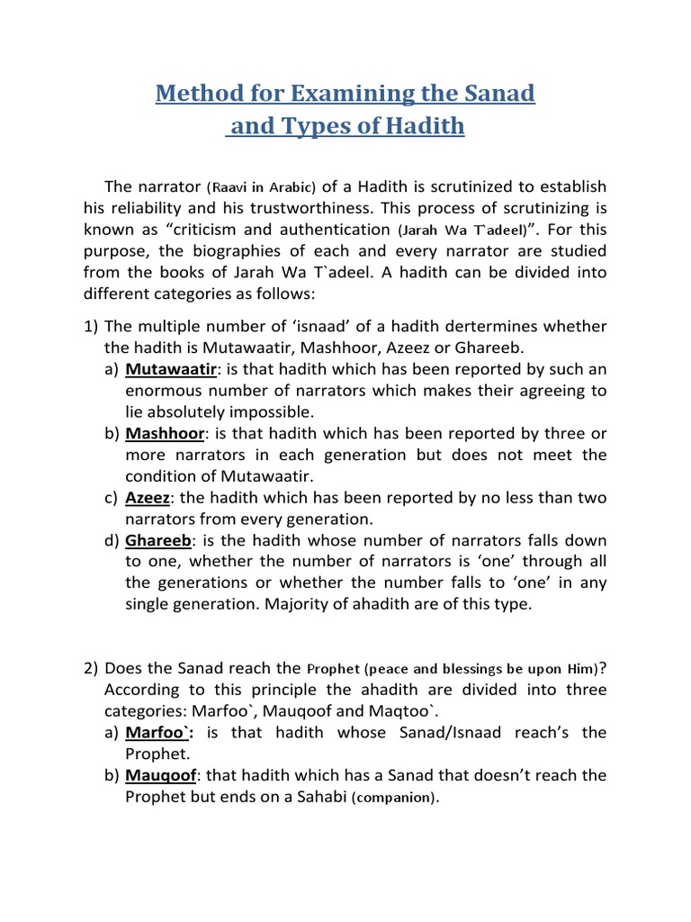 Method For Examining The Sanad and Types of Hadith | PDF | Hadith ...
